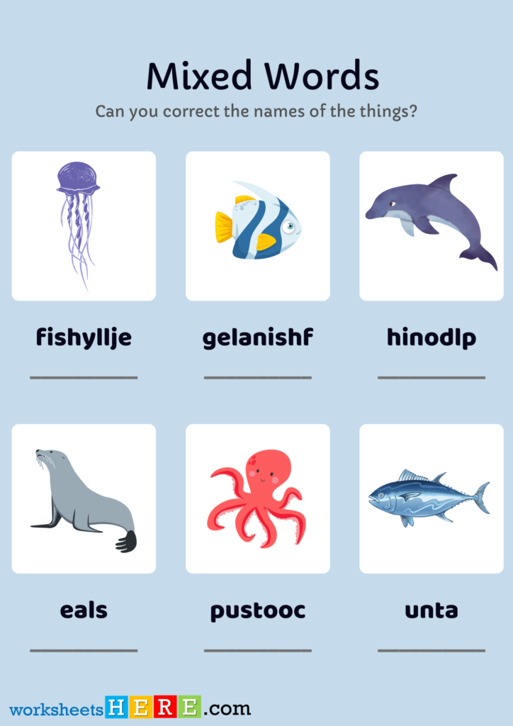 Sea Animals Scramble Word Find Pdf Worksheets with Pictures, Unscramble ...