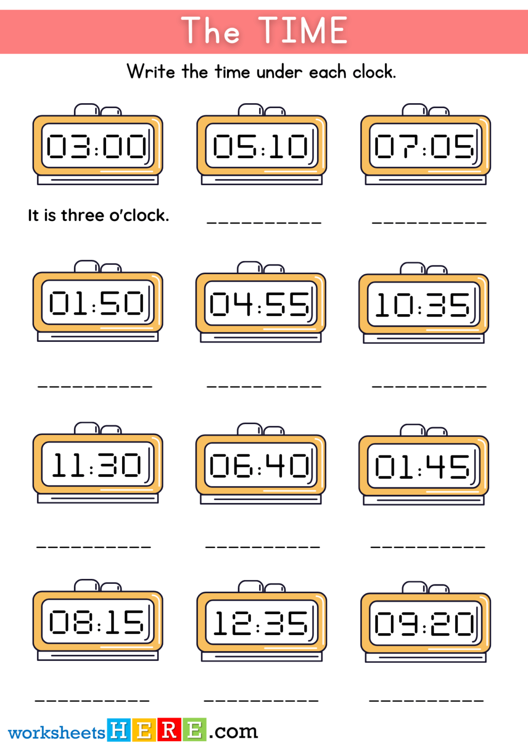 Telling The Time, Write the Time Under Each Clock PDF Worksheet For ...