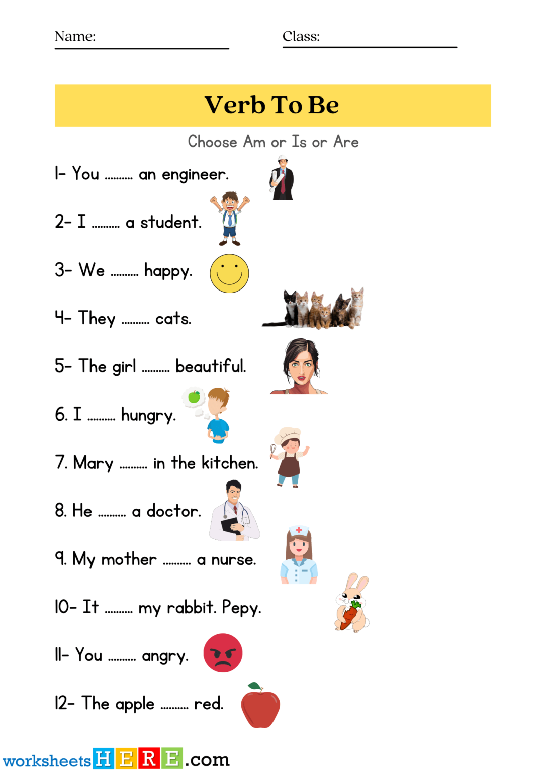 To Be Verb Sentences Exercises Worksheets with Pictures, Am is Are Pdf ...