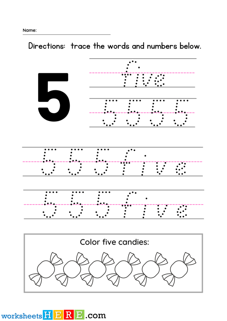 Trace the Number 5 and Word Activity For PDF Worksheet For Kindergarten ...