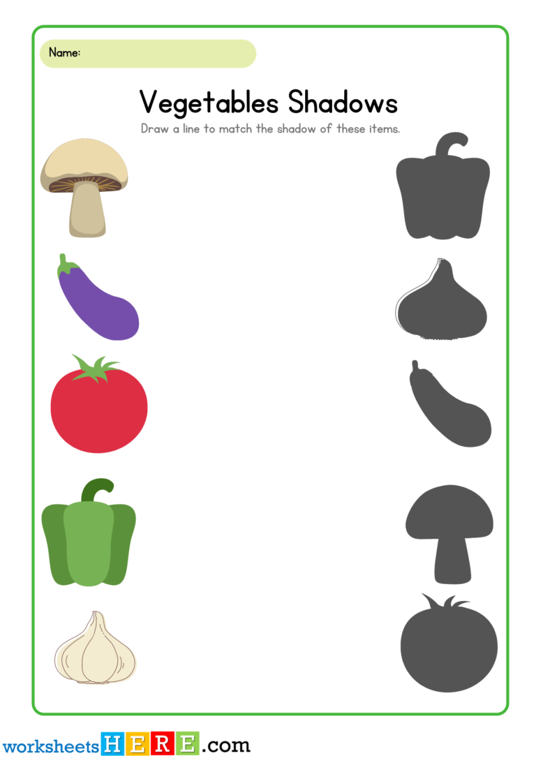 Vegetables Shadows Matching Activity PDF Worksheets For Kindergarten ...