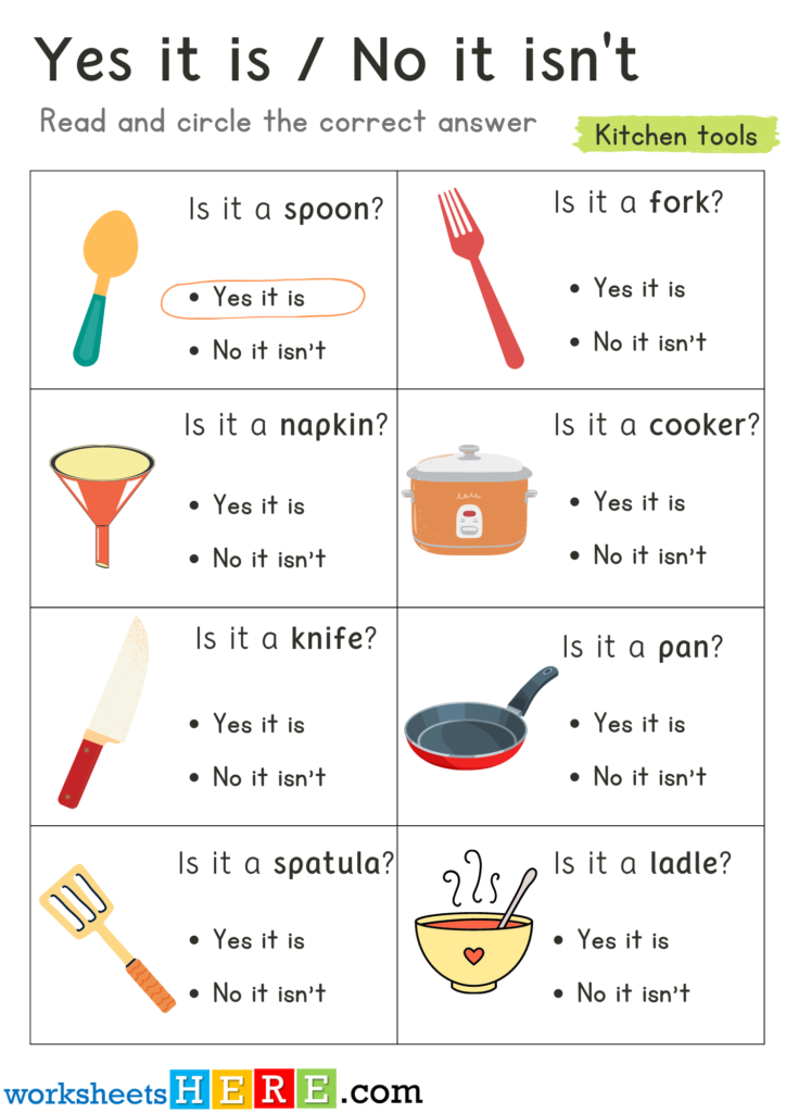 Yes No, Read and Circle Correct Answer with Kitchen Tools Pictures PDF ...