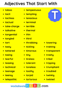 Adjectives That Start With T Vocabulary List PDF Worksheet For Students ...