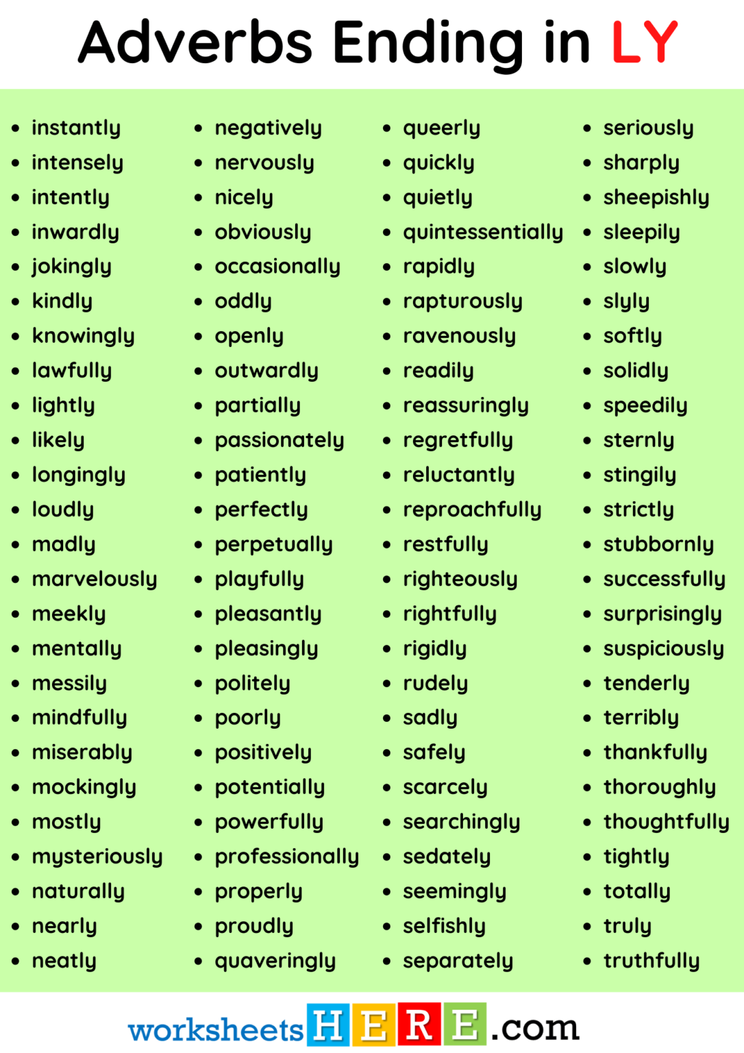 Adverbs Words List Ending in LY PDF Worksheet For Students ...