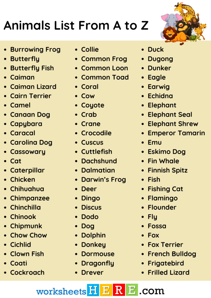 Animals List From A to Z in English PDF Worksheet For Students and Kids ...