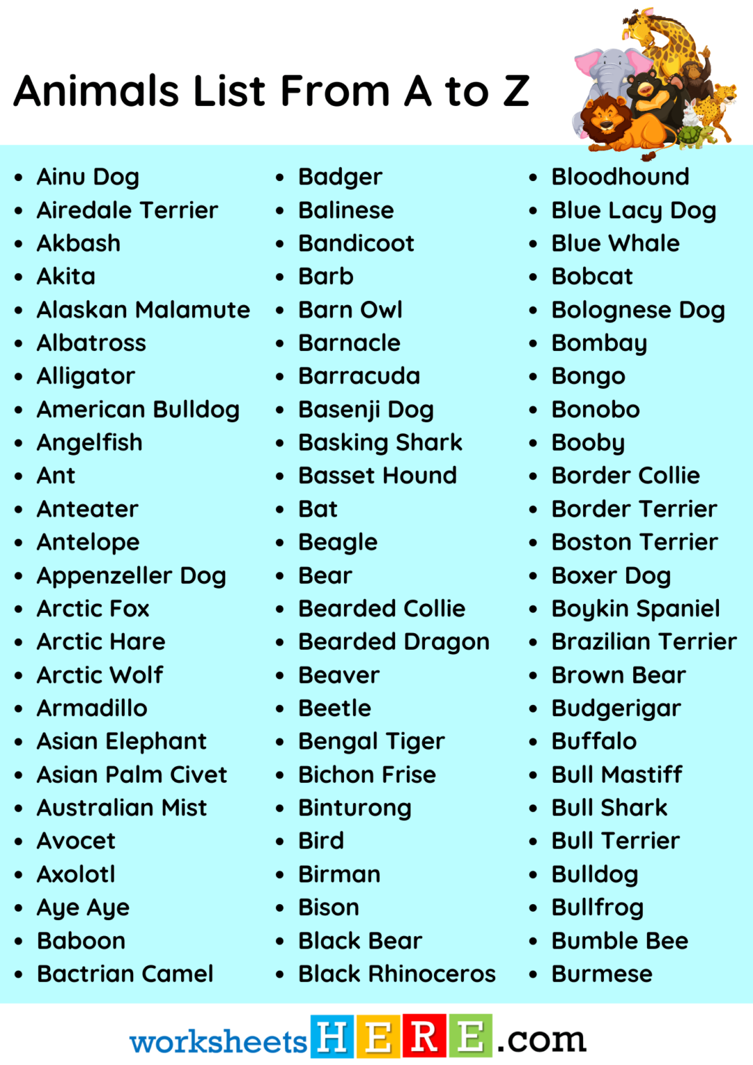 Animals List From A to Z in English PDF Worksheet For Students and Kids ...