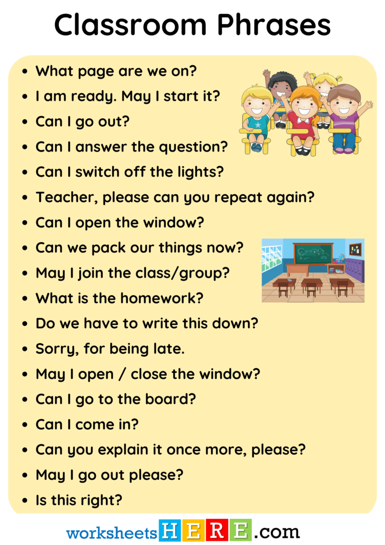 Classroom Phrases Examples, School Sentences Examples PDF Worksheet For ...