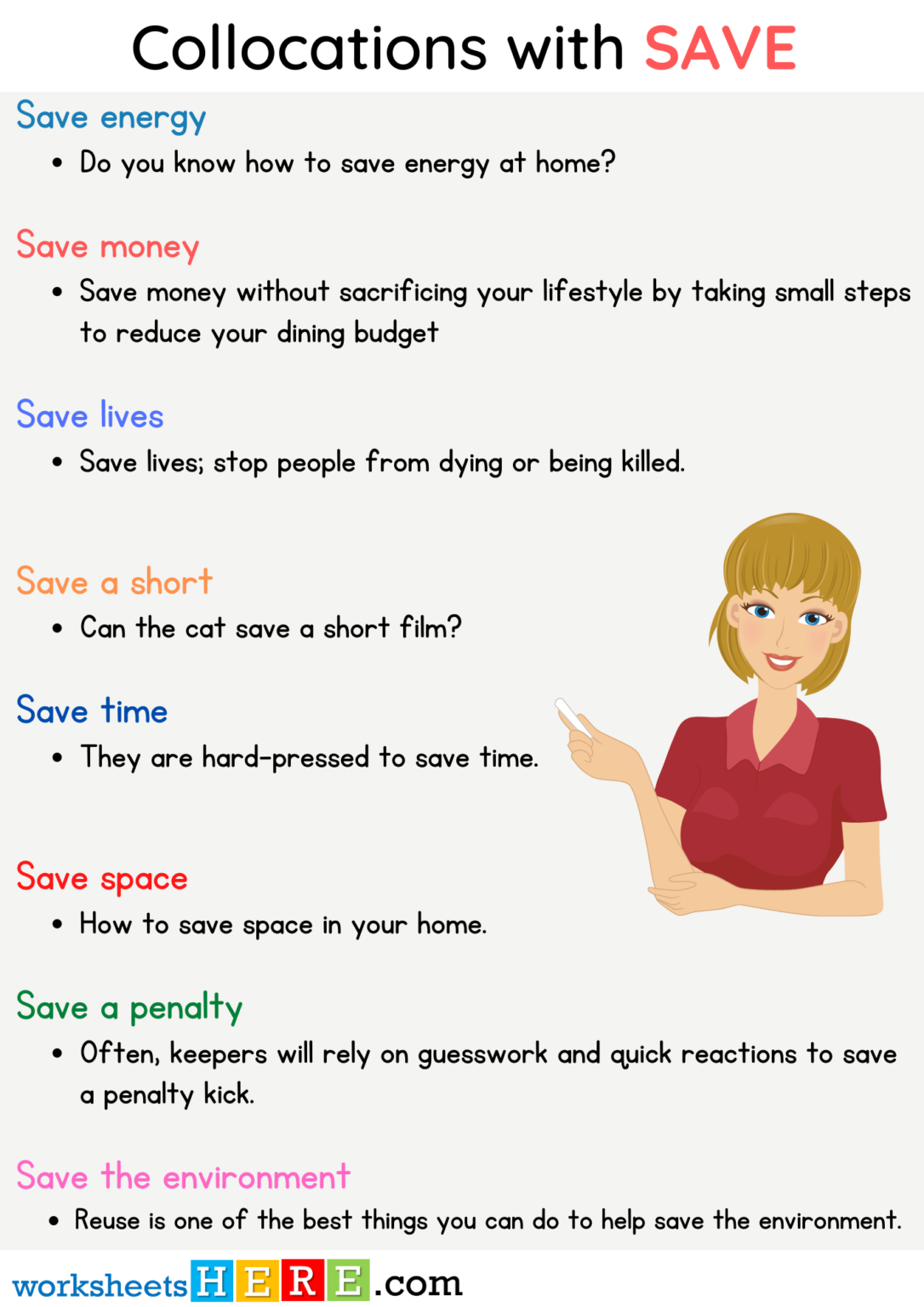 Collocations with SAVE and Example Sentences PDF Worksheet For Kids ...