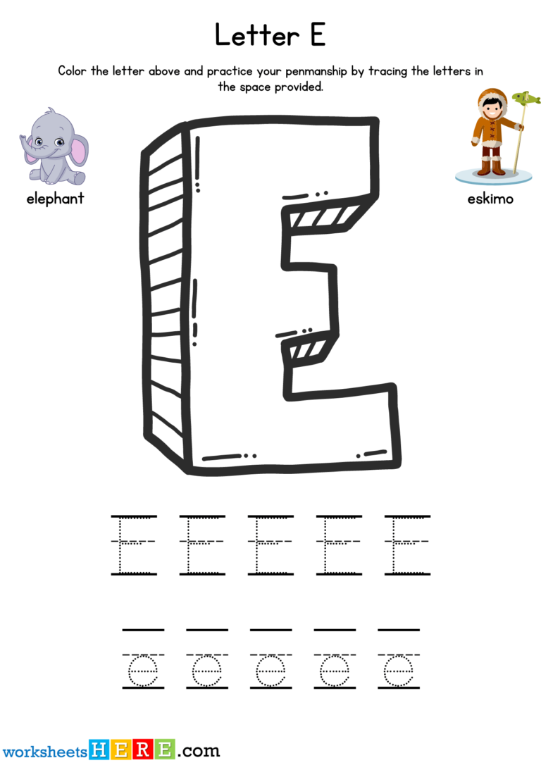 Color and Trace Letter E Exercises PDF Worksheet For Kindergarten and ...