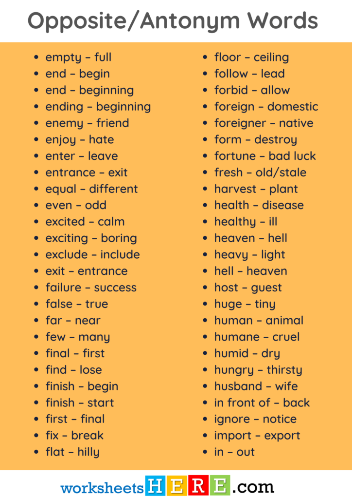Opposite Antonym Words List PDF Worksheet For Students and Kids ...