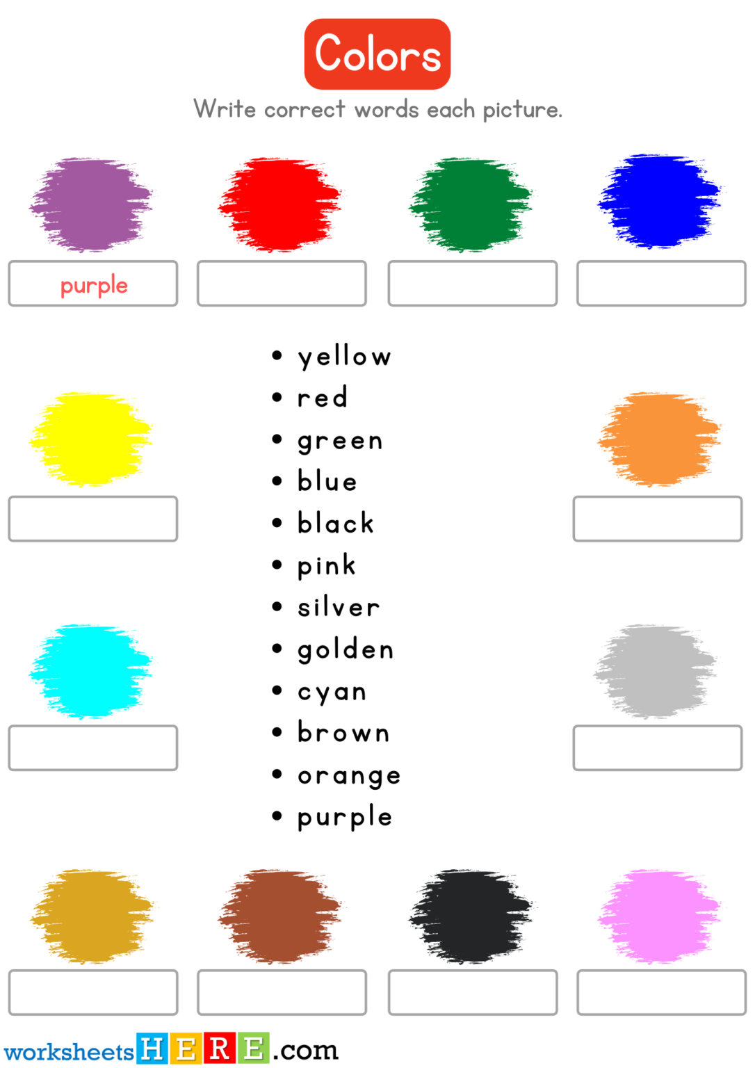 Look at The Picture and Write Correct Colors Name PDF Worksheet For ...