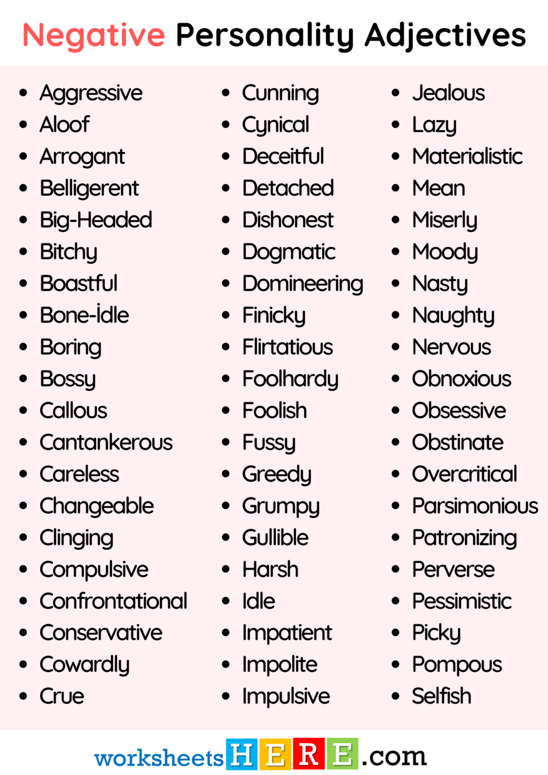 Negative Personality Adjectives Words List PDF Worksheet For Kids and ...