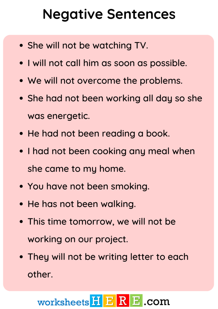 Negative Sentences Examples PDF Worksheet For Students - WorksheetsHere.com