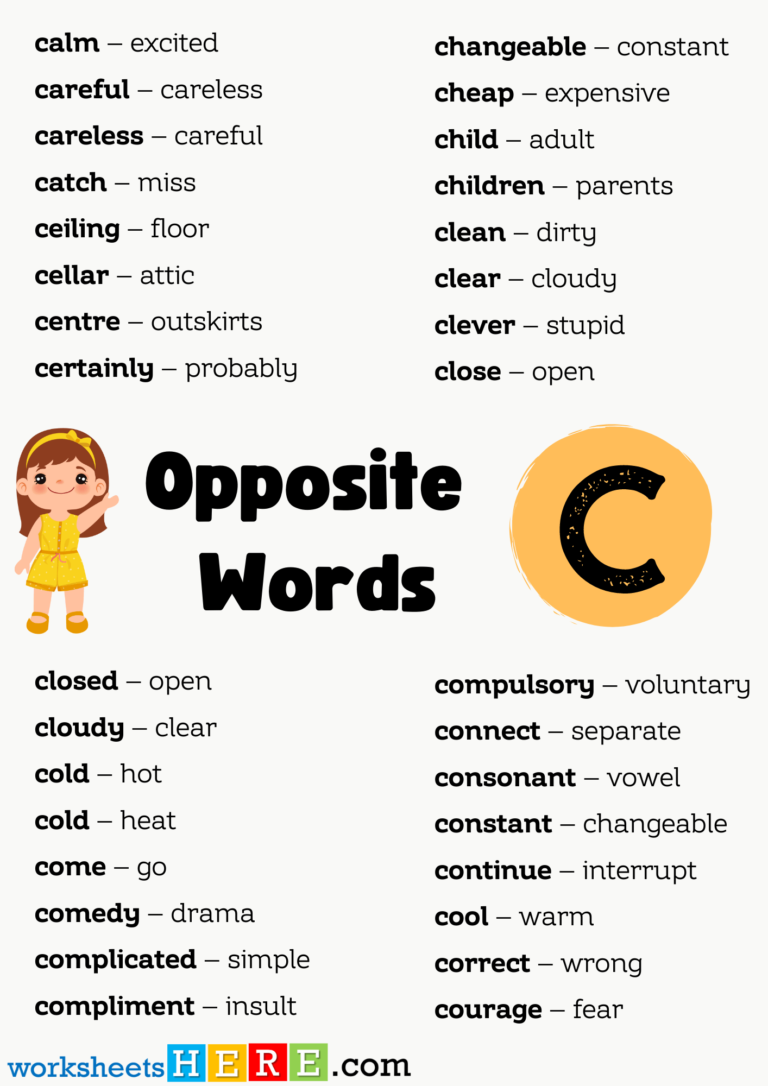 Opposite Words List Start with C PDF Worksheet For Students ...