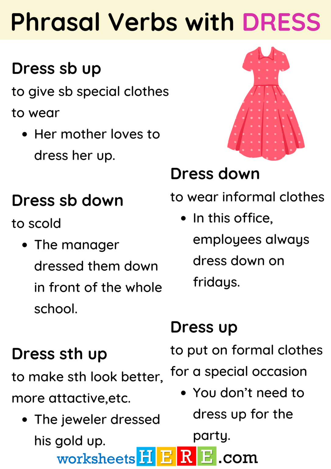 Phrasal Verbs with DRESS Definition and Example Sentences PDF Worksheet ...