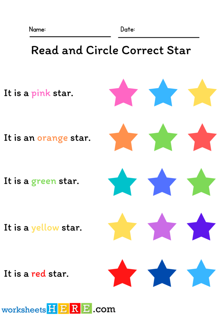 Read and Circle Correct Star, Colors Activity PDF Worksheet For ...