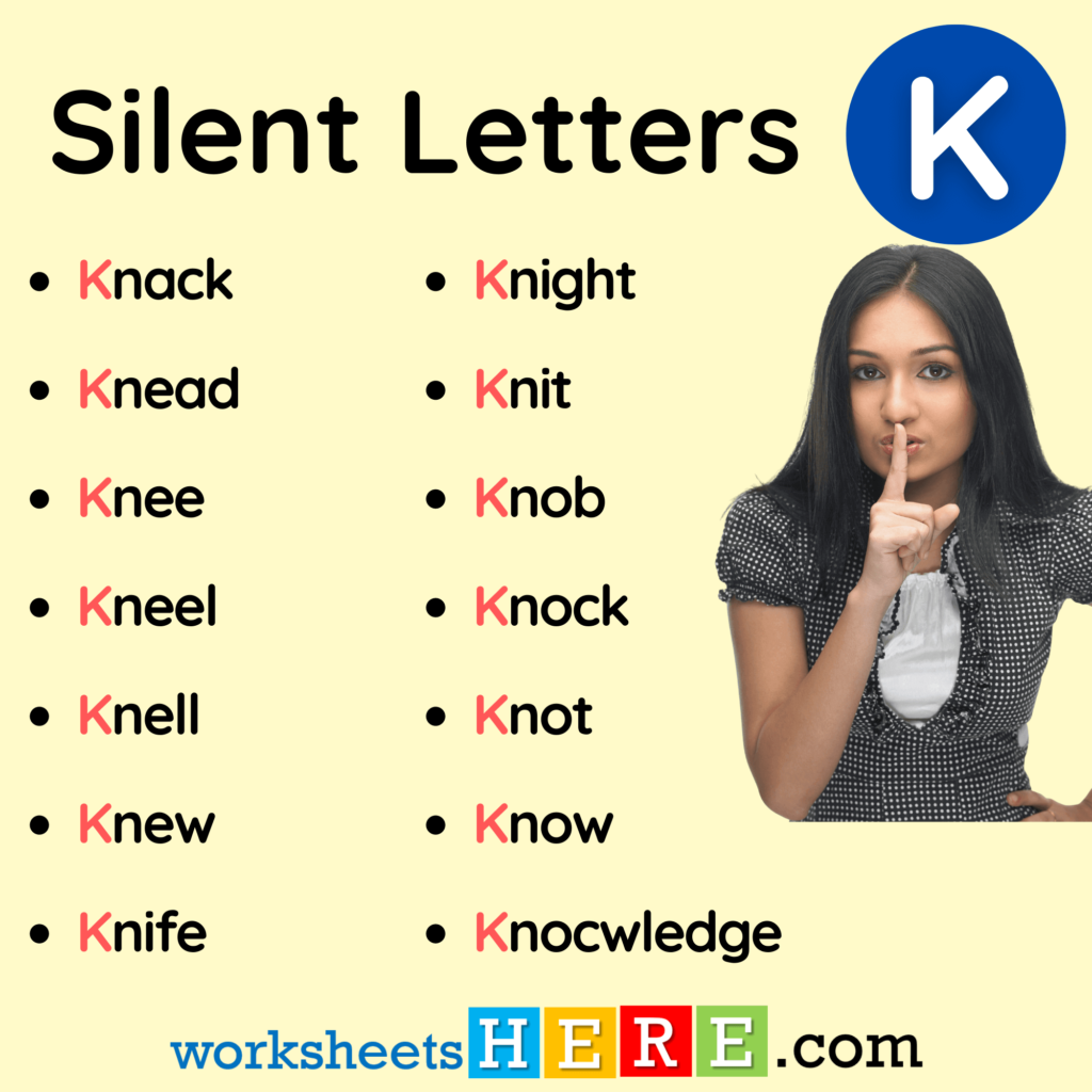 Silent Letters List B, C, D, E, G, H, K in English - WorksheetsHere.com