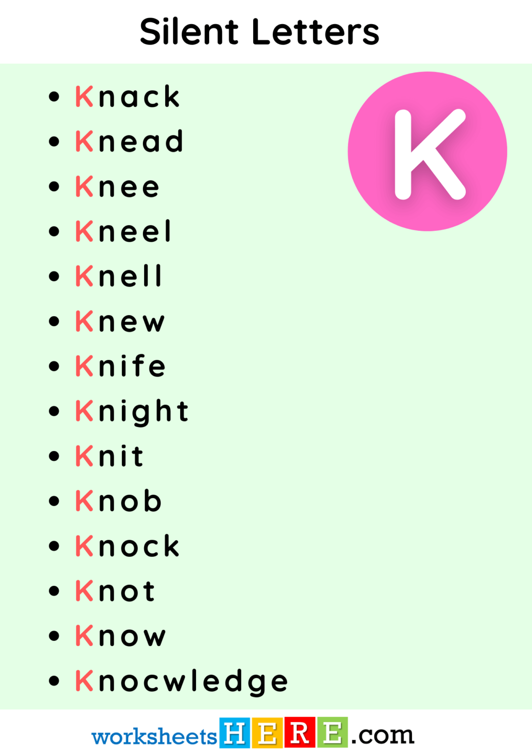 Silent Letters with K Words List PDF Worksheet For Students ...