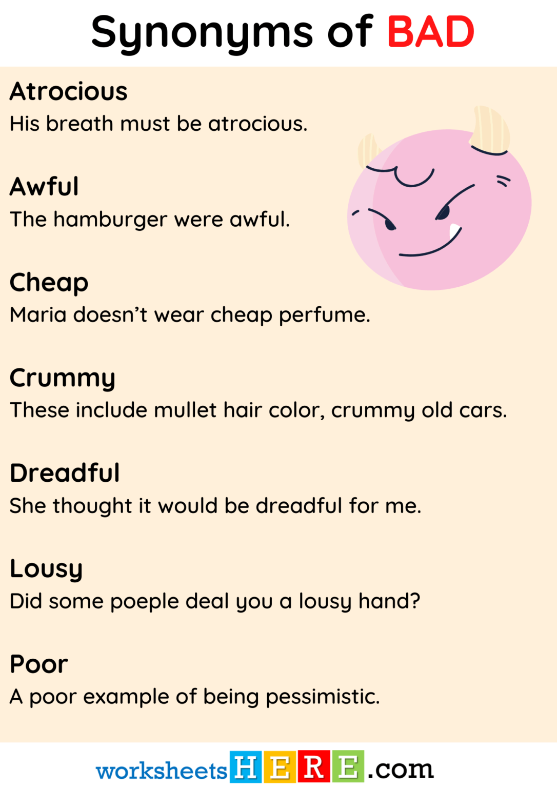 Synonyms of BAD Vocabulary List and Example Sentences PDF Worksheet ...