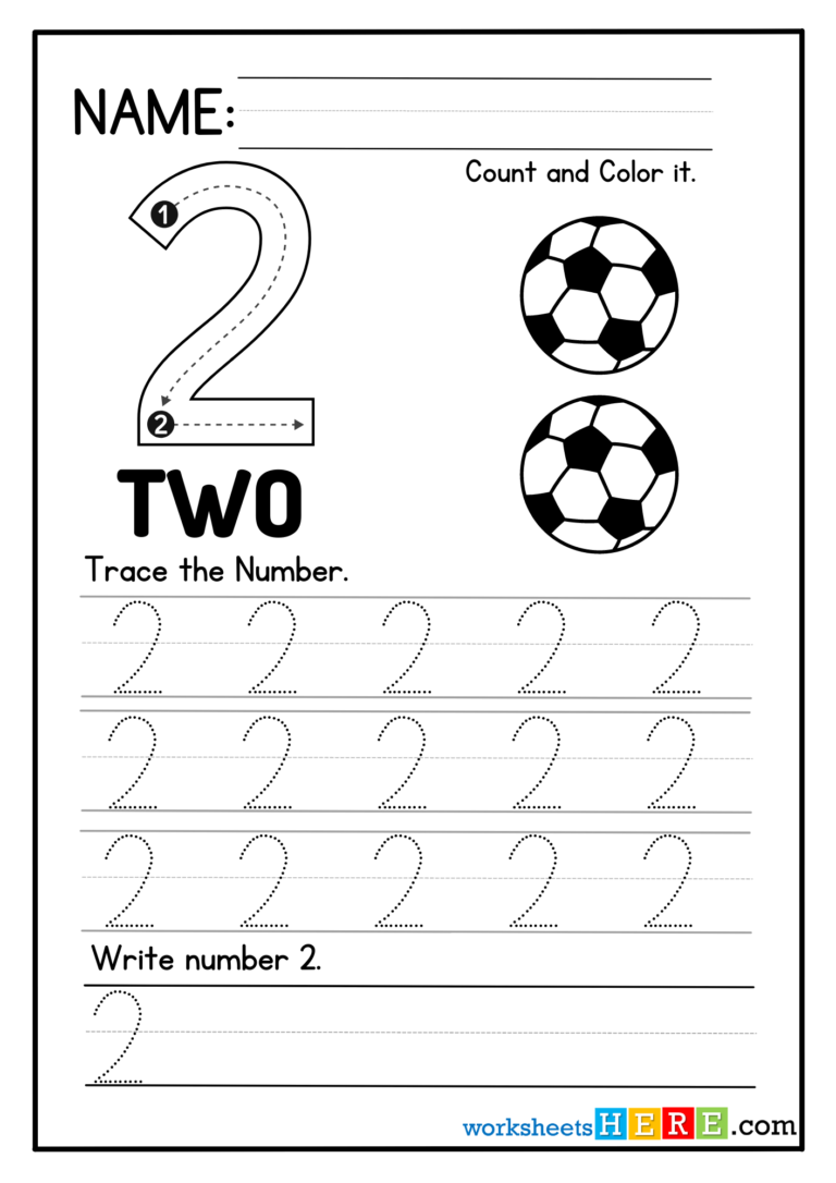 Tracing Numbers Activity, Number 2 Trace, Count and Color PDF Worksheet ...