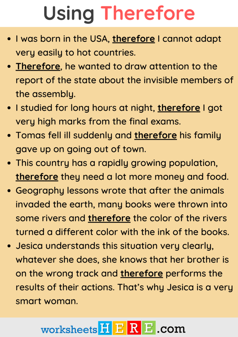 Using Therefore, Definition and Example Sentences PDF Worksheet - WorksheetsHere.com