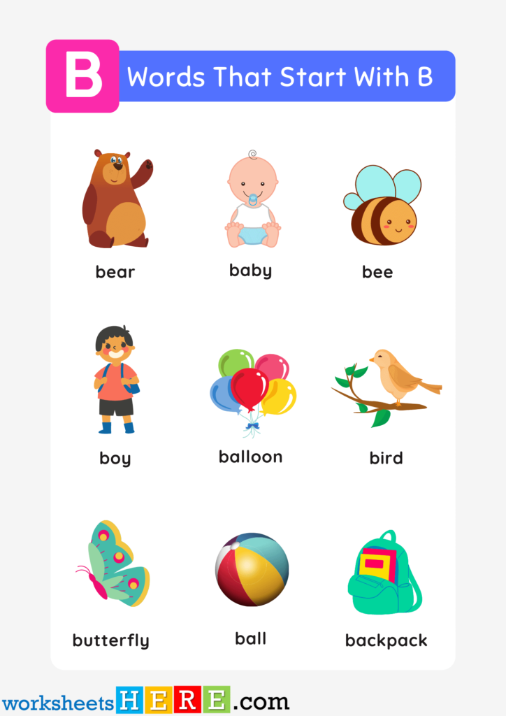 Words That Start With B List and Pictures For Kids Printable PDF ...
