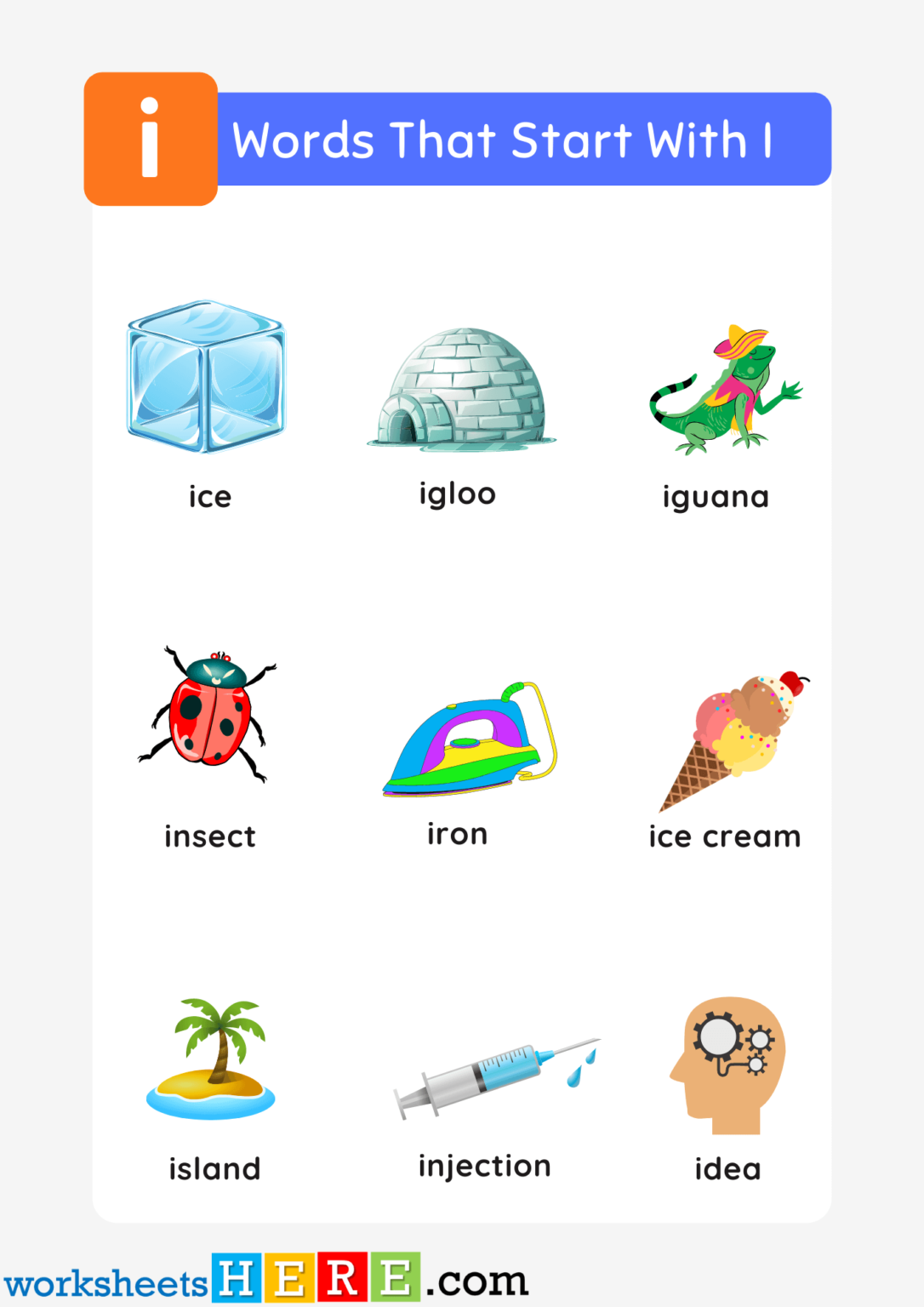Words That Start With I List and Pictures For Kids Printable PDF ...