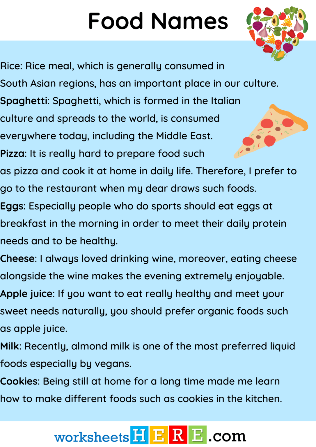 Food Names List in English PDF Worksheet For Students - WorksheetsHere.com
